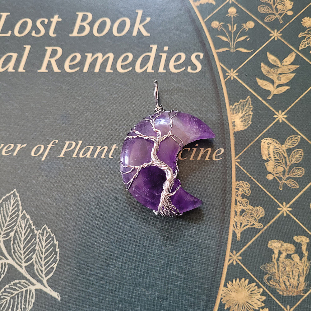 Natural Amethyst Stone Crescent Moon, Tree of Life Wire Wrapped Neckla