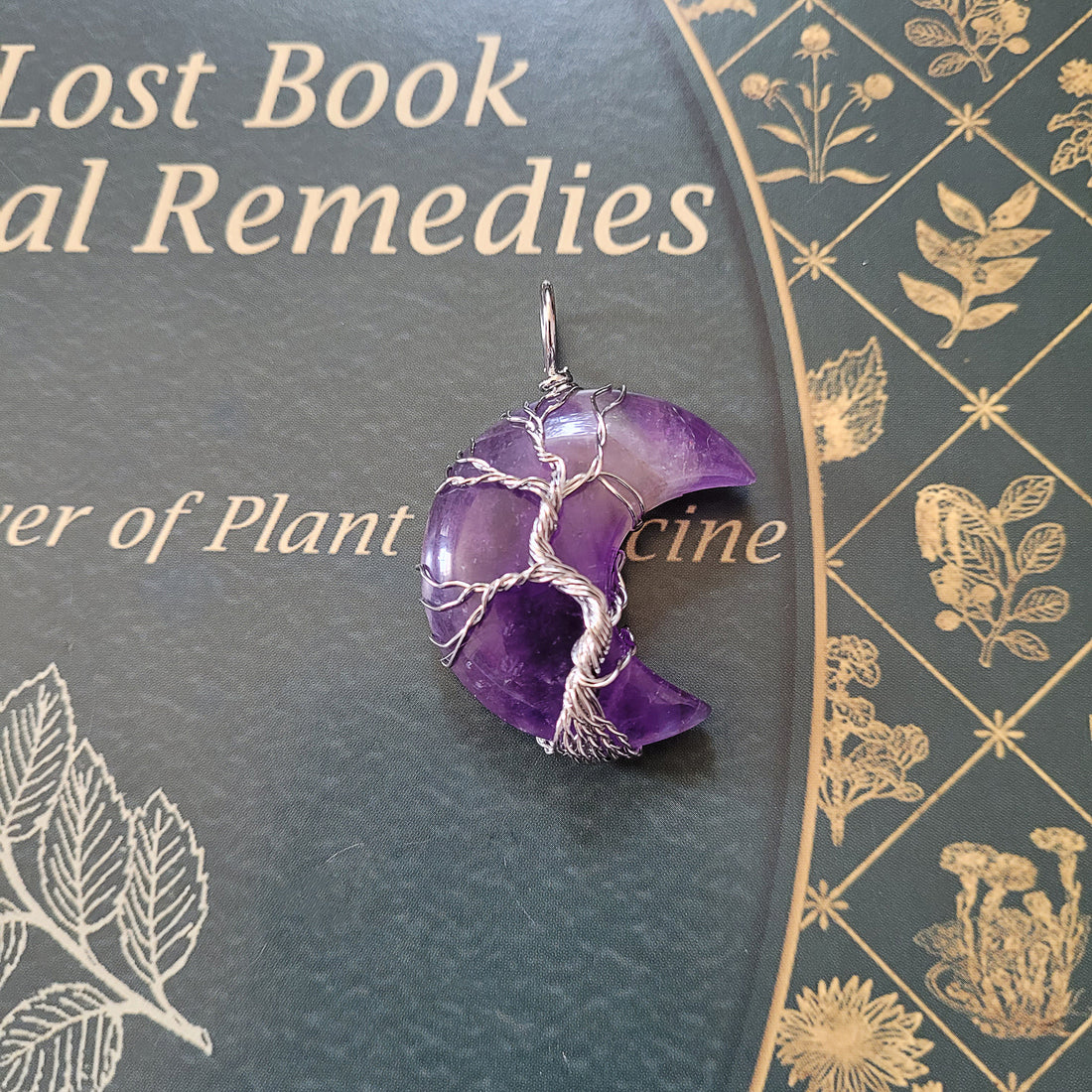 Natural Amethyst Stone Crescent Moon, Tree of Life Wire Wrapped Neckla