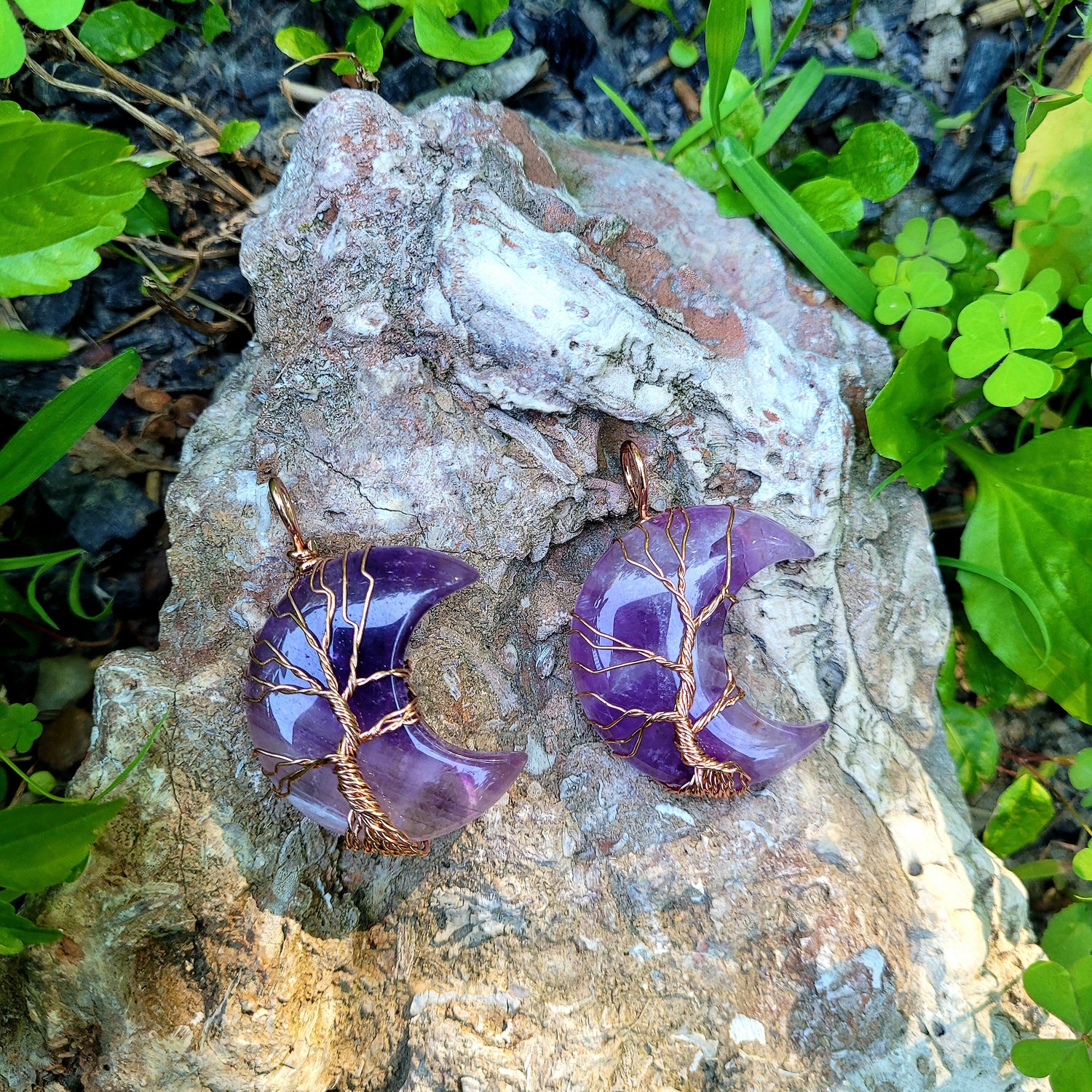 Natural Amethyst Stone Crescent Moon, Tree of Life Wire Wrapped Neckla