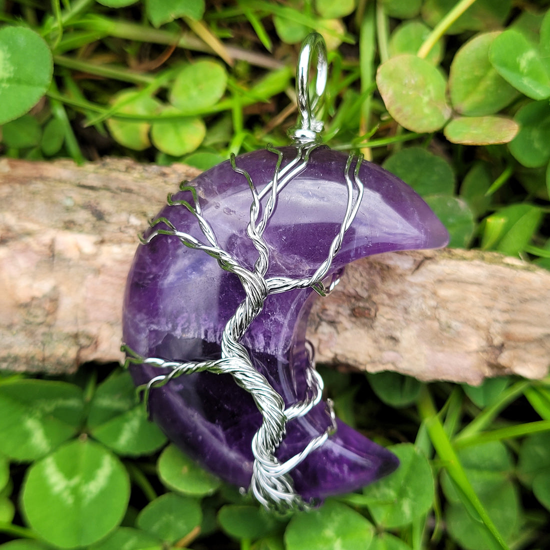 Natural Amethyst Stone Crescent Moon, Tree of Life Wire Wrapped Neckla