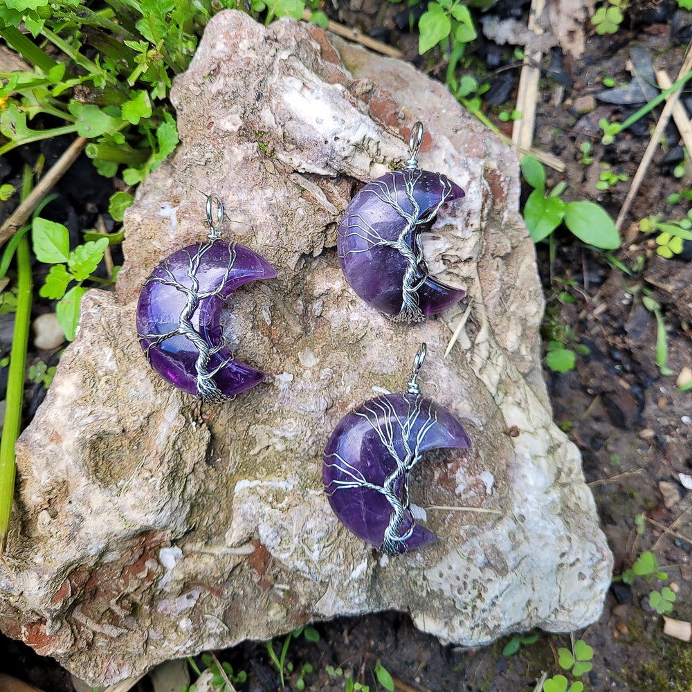 Natural Amethyst Stone Crescent Moon, Tree of Life Wire Wrapped Neckla