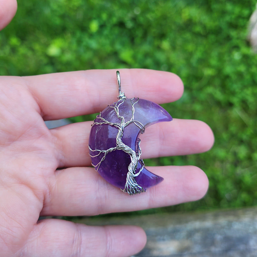 Natural Amethyst Stone Crescent Moon, Tree of Life Wire Wrapped Neckla