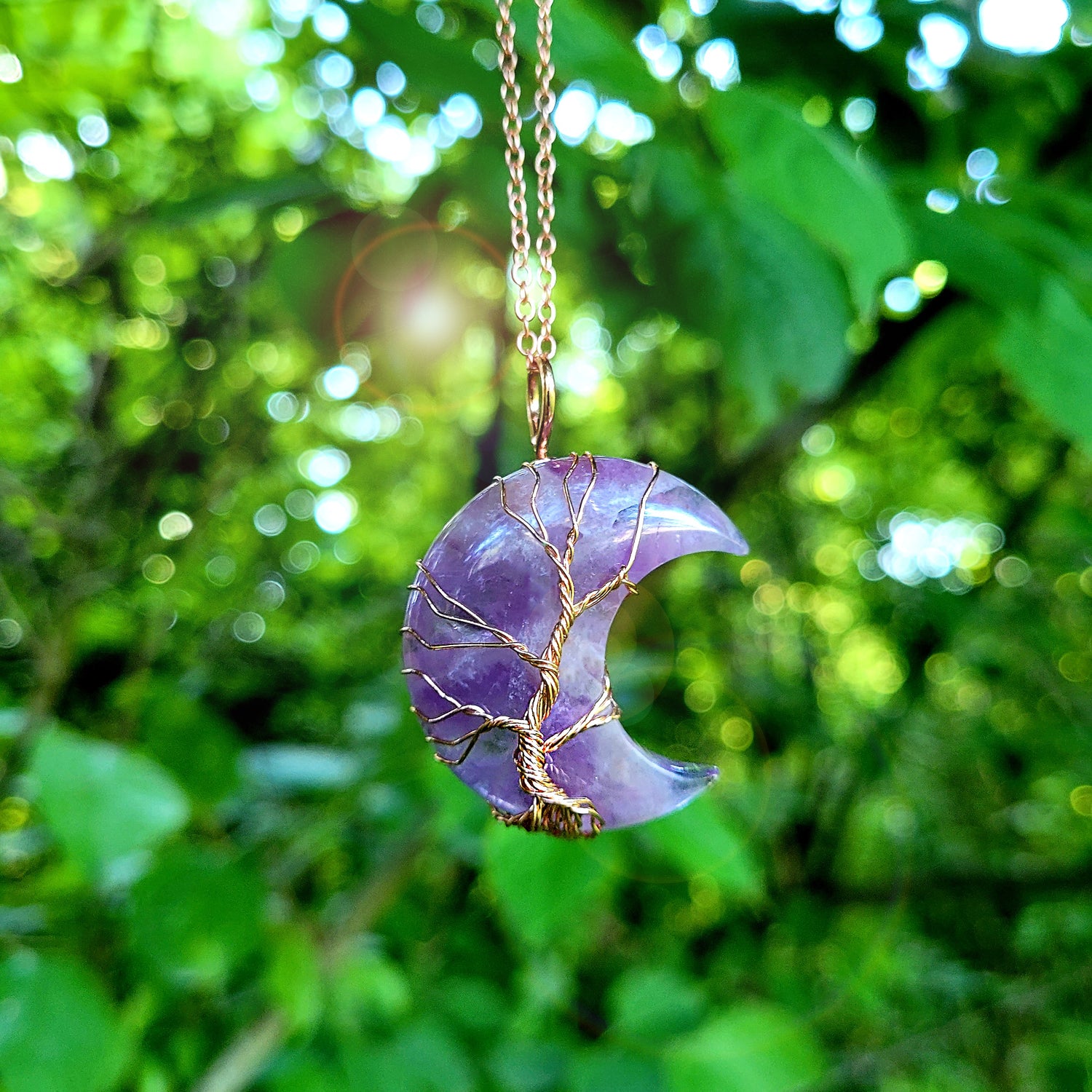 Natural Amethyst Stone Crescent Moon, Tree of Life Wire Wrapped Neckla