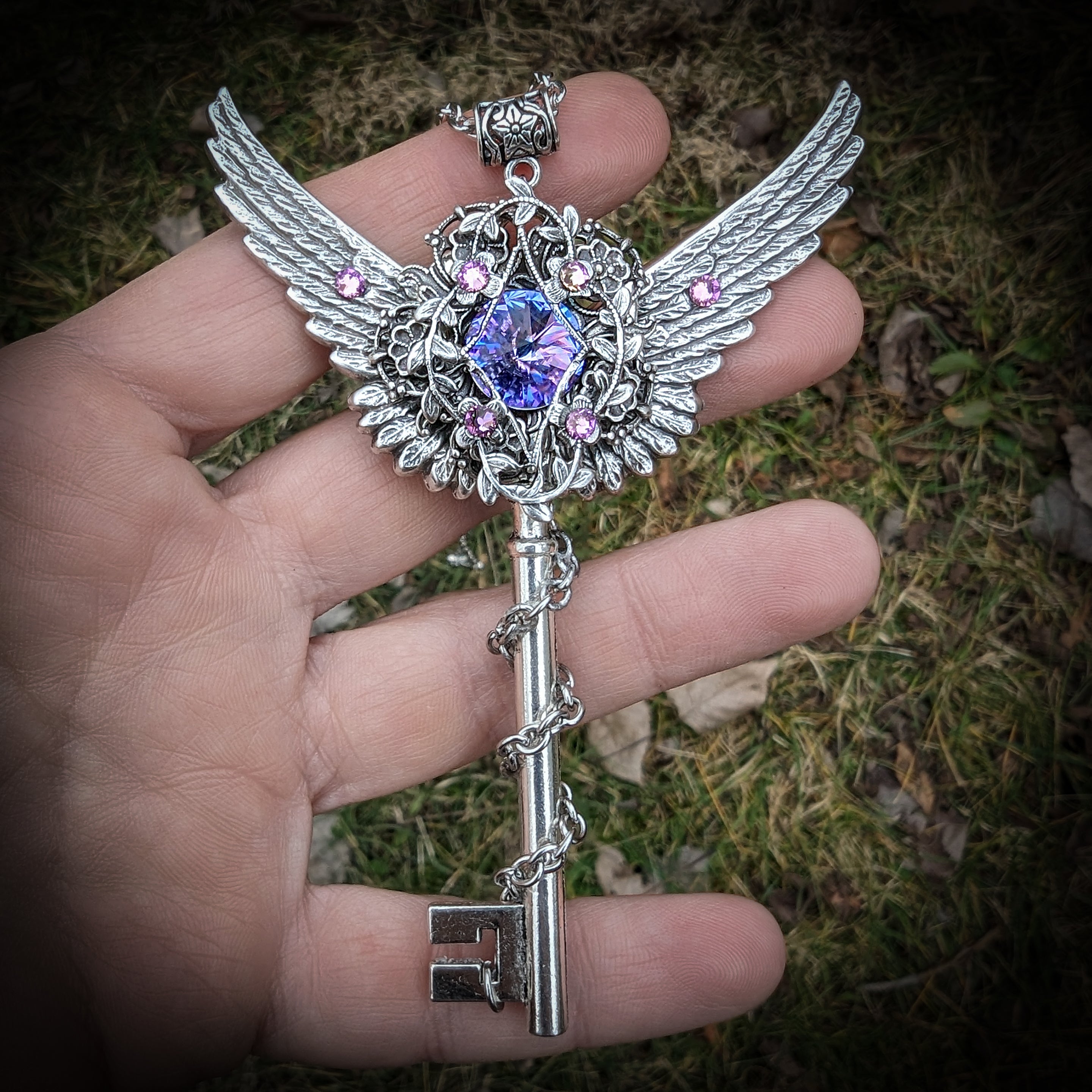 Sterling Silver Fantasy Key Necklace with Wings and Swarovski Crystals
