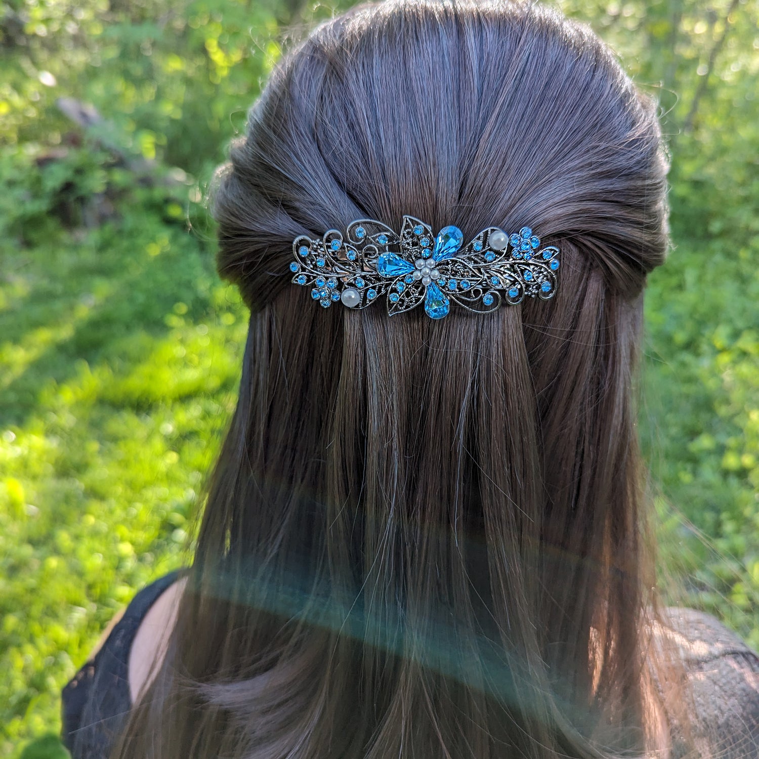 High Quality Swarovski Aquamarine Floral Crystal Hair Clips, Fancy Hai
