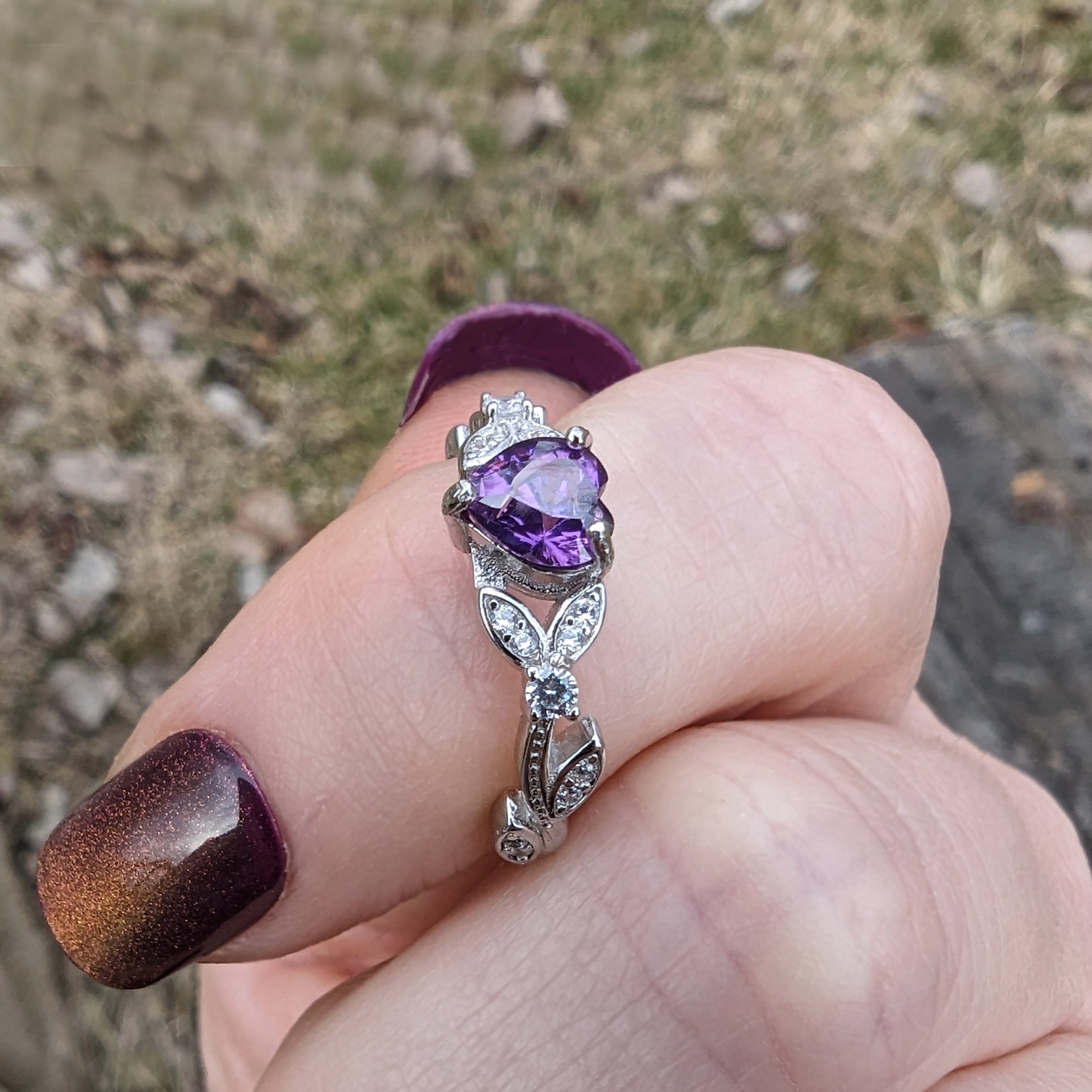 Amethyst Heart Engagement Promise Ring – White Gold Sterling Silver ...