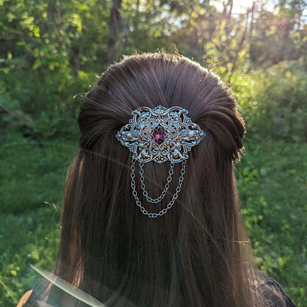 Gothic Sterling Silver Hair Barrette with Vintage Amethyst Crystal, Pu