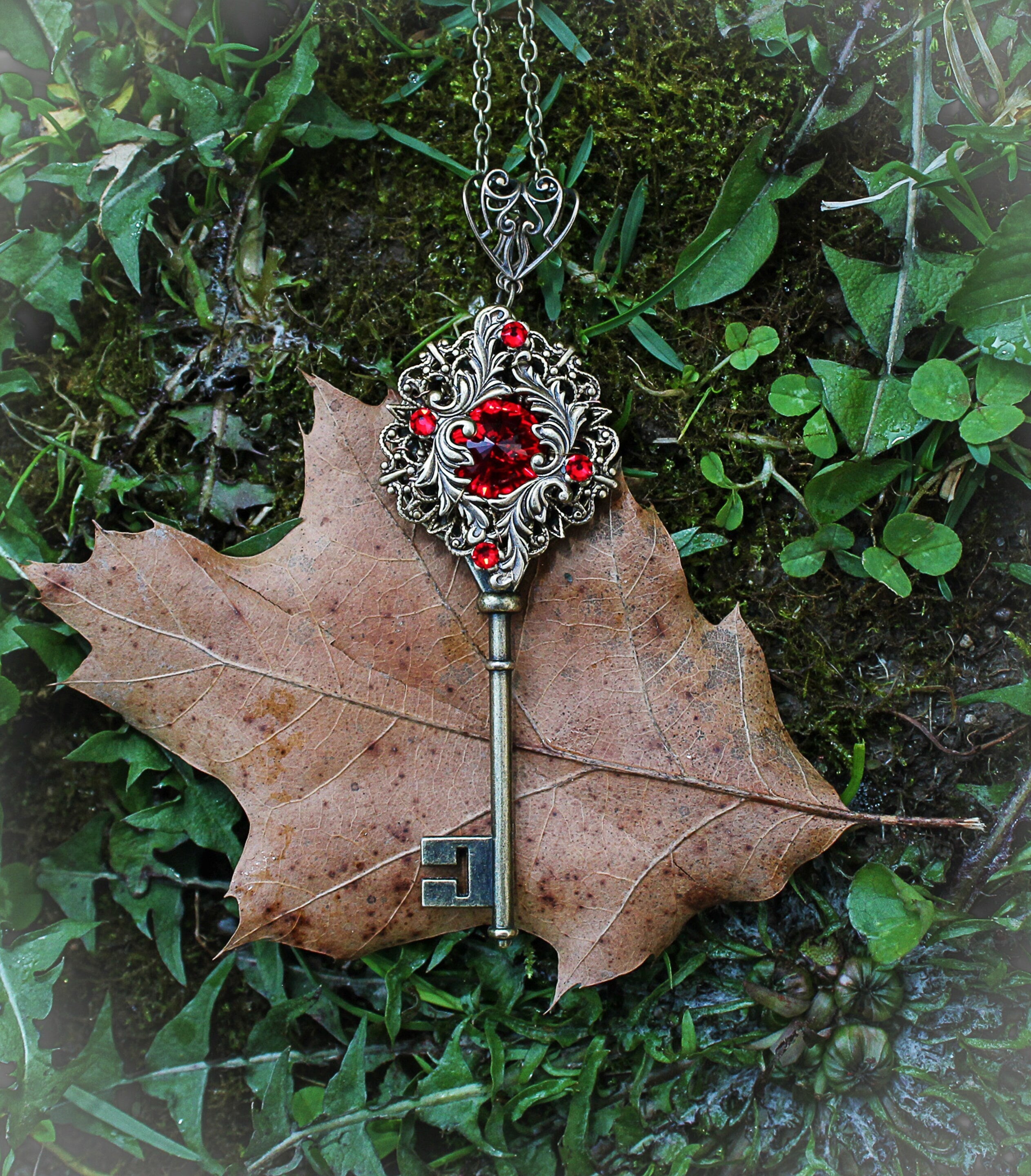 Vintage Floral Elven Key Necklace with Scarlet Swarovski Crystals, Fan