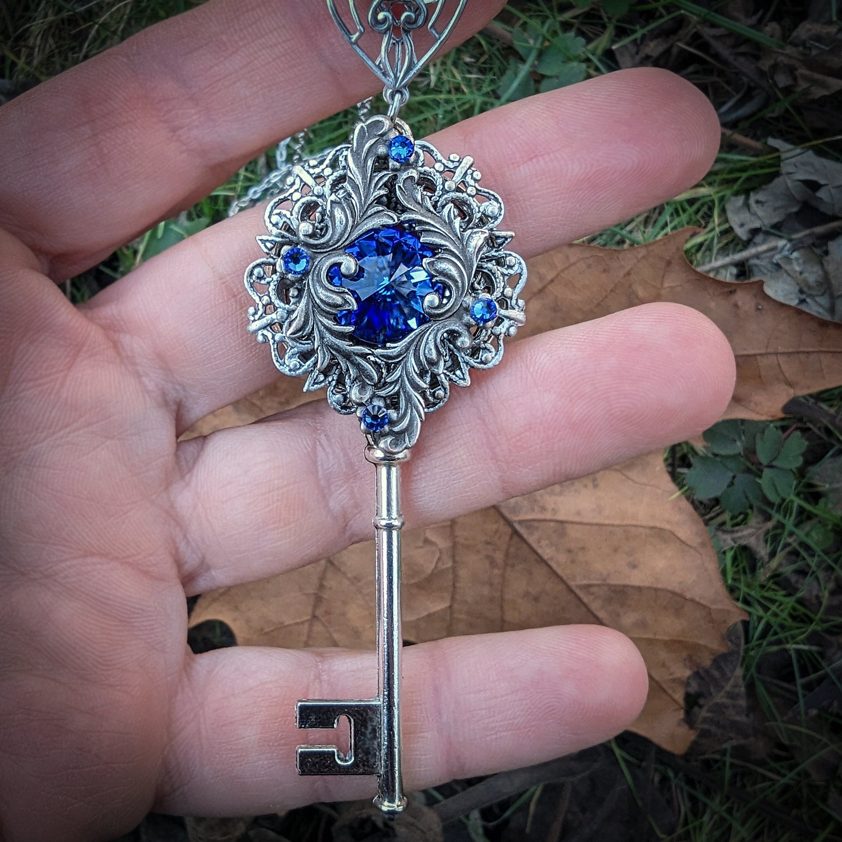 Vintage Sterling Silver Key Necklace made with Sapphire Swarovski Crys