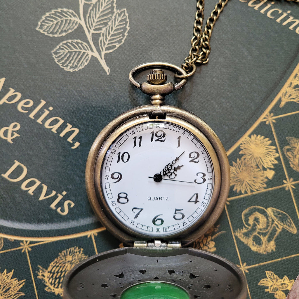 Vintage Quartz Pocket Watch Necklace with Emerald Swarovski Crystals,