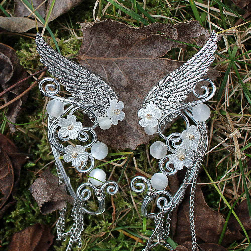 Silver Elf Ear Cuffs with drop tassels Fantasy Jewelry Wrap earrings